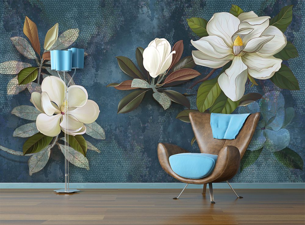 Flori mari de magnolie, pe fond albastru - Posters.md – decorațiuni ...